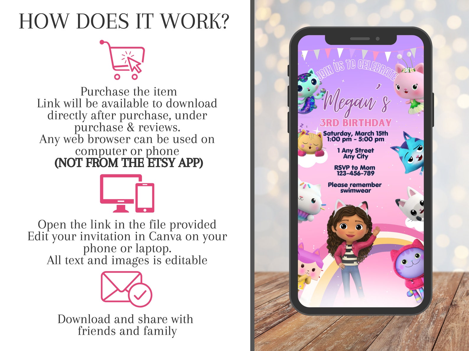 Editable Gabby's Dollhouse Birthday Invitation Gabbys Dollhouse Invite ...