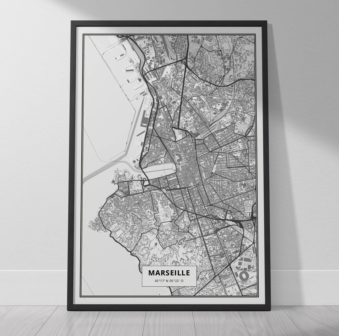MARSELLA Mapa Cartel de papel físico, Premium Marsella ciudad cartel ...