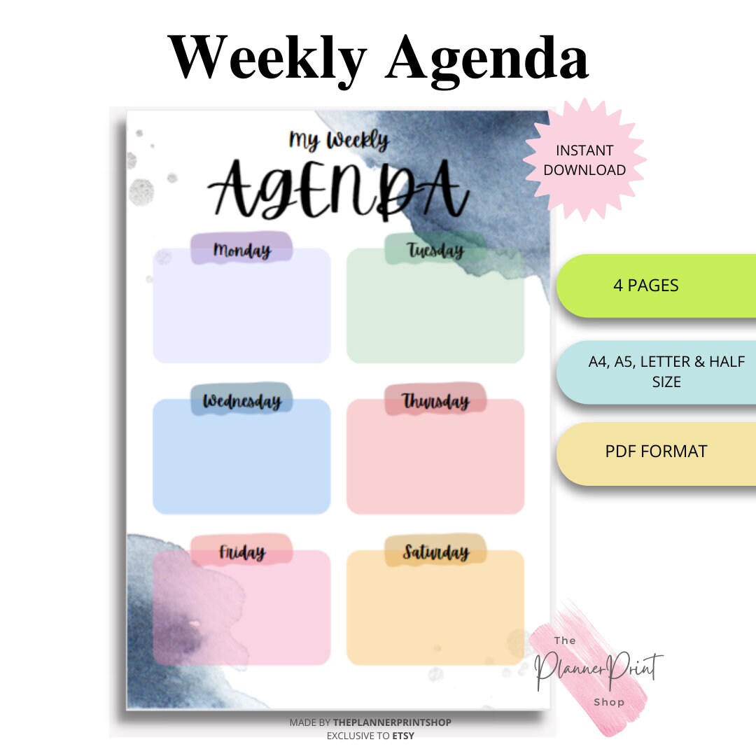 Weekly Agenda Printable Planner, to Do List, Schedule, Planner Journal ...
