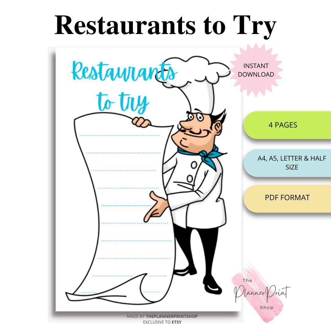 Restaurants to Try Printable Planner, to Do List, Schedule, Planner ...