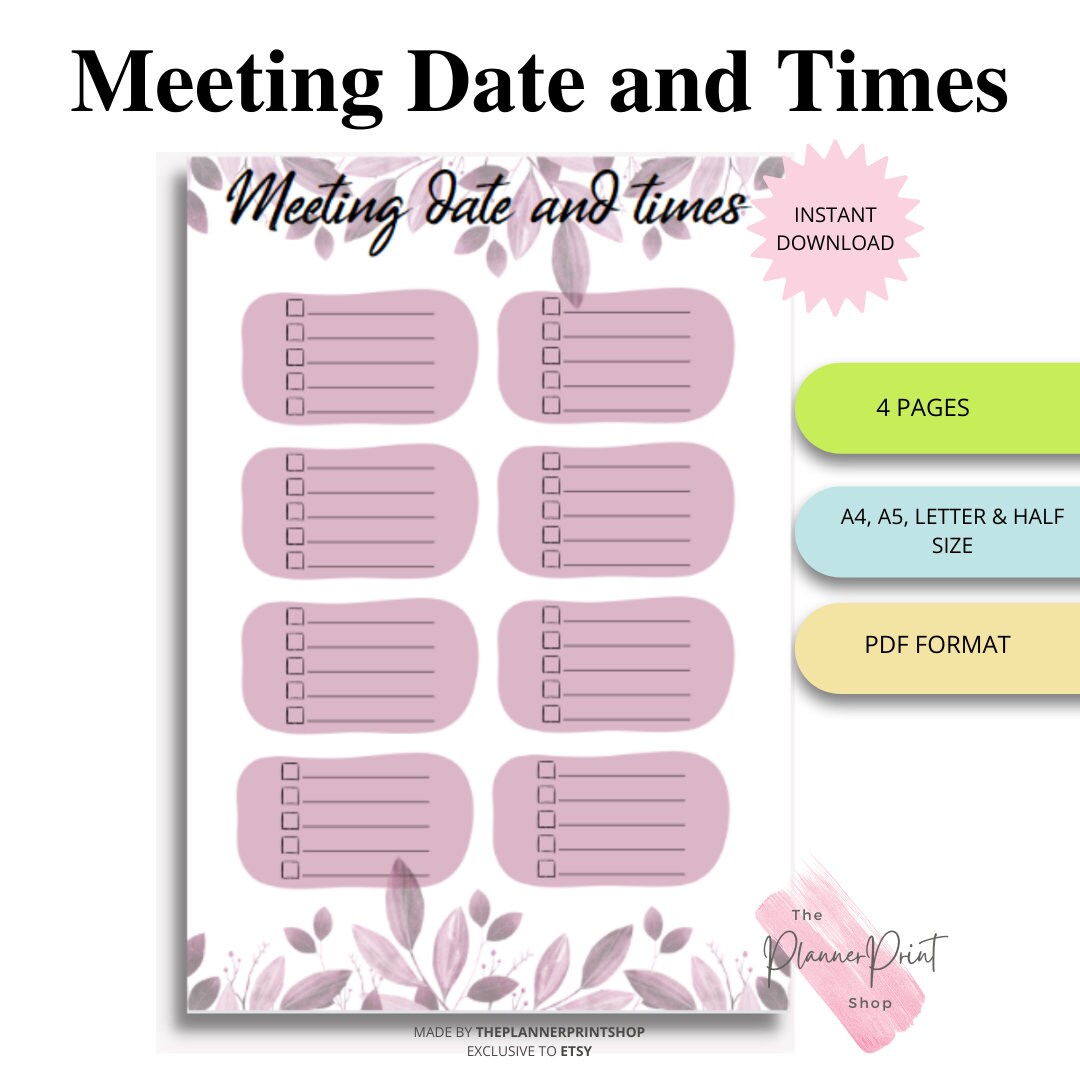 Meeting Dates and Times Printable Planner, to Do List, Schedule ...