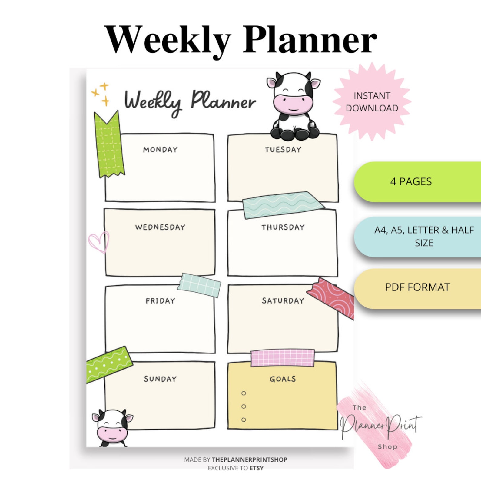 Cow Theme Weekly Printable Planner, to Do List, Schedule, Planner ...