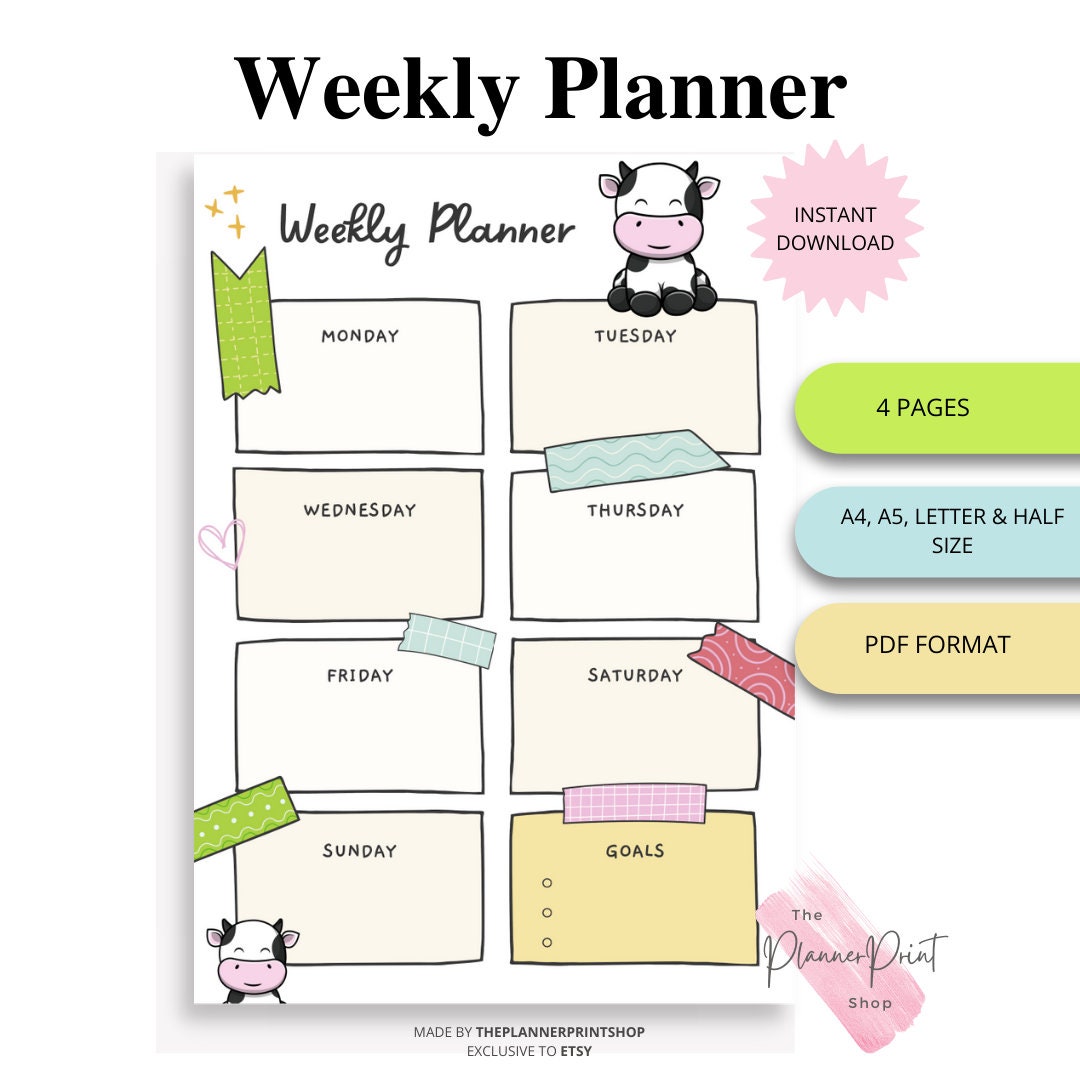 Cow Theme Weekly Printable Planner, to Do List, Schedule, Planner ...