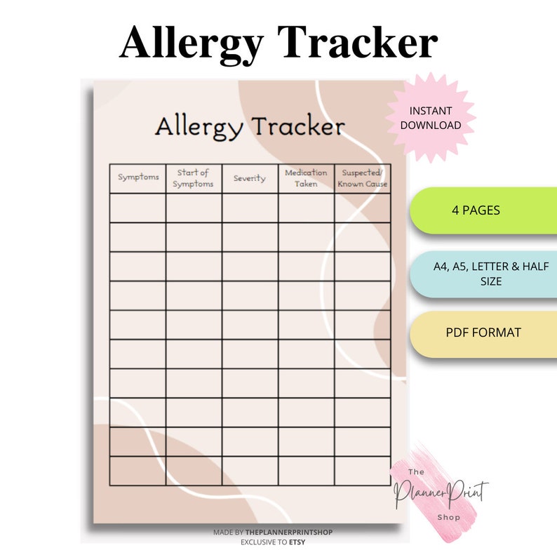 Allergy Tracker Printable Planner, to Do List, Schedule, Planner ...