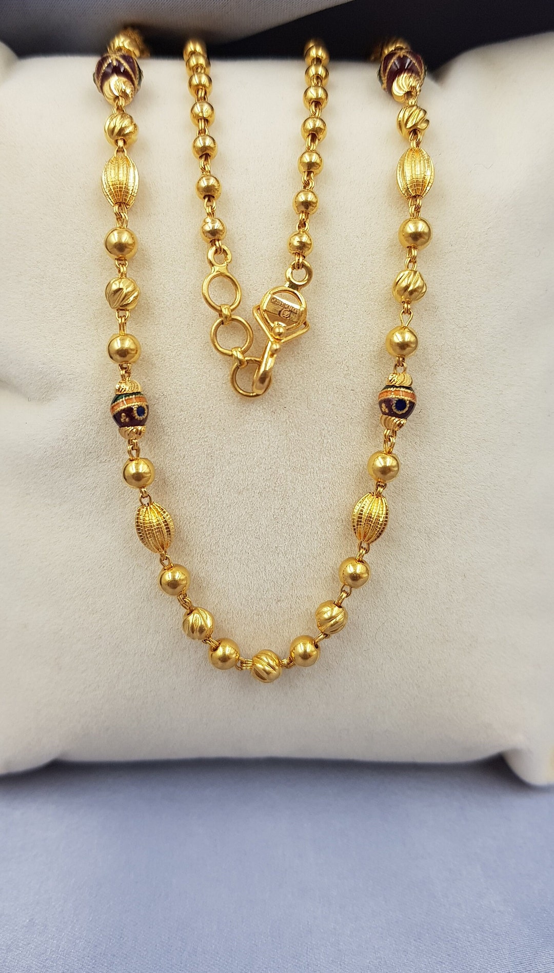 Solid 22K Gold Shining Chain Gold Ball Beaded Mala Necklace Plain Solid ...