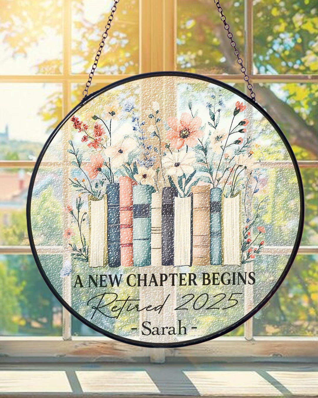 Personalized Retirement Suncatcher, Floral Book A New Chapter Begins ...