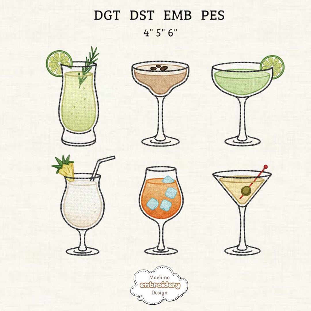 Set Mini Cocktail Icons Embroidery Design Bundle, Summer Olive Oyster ...