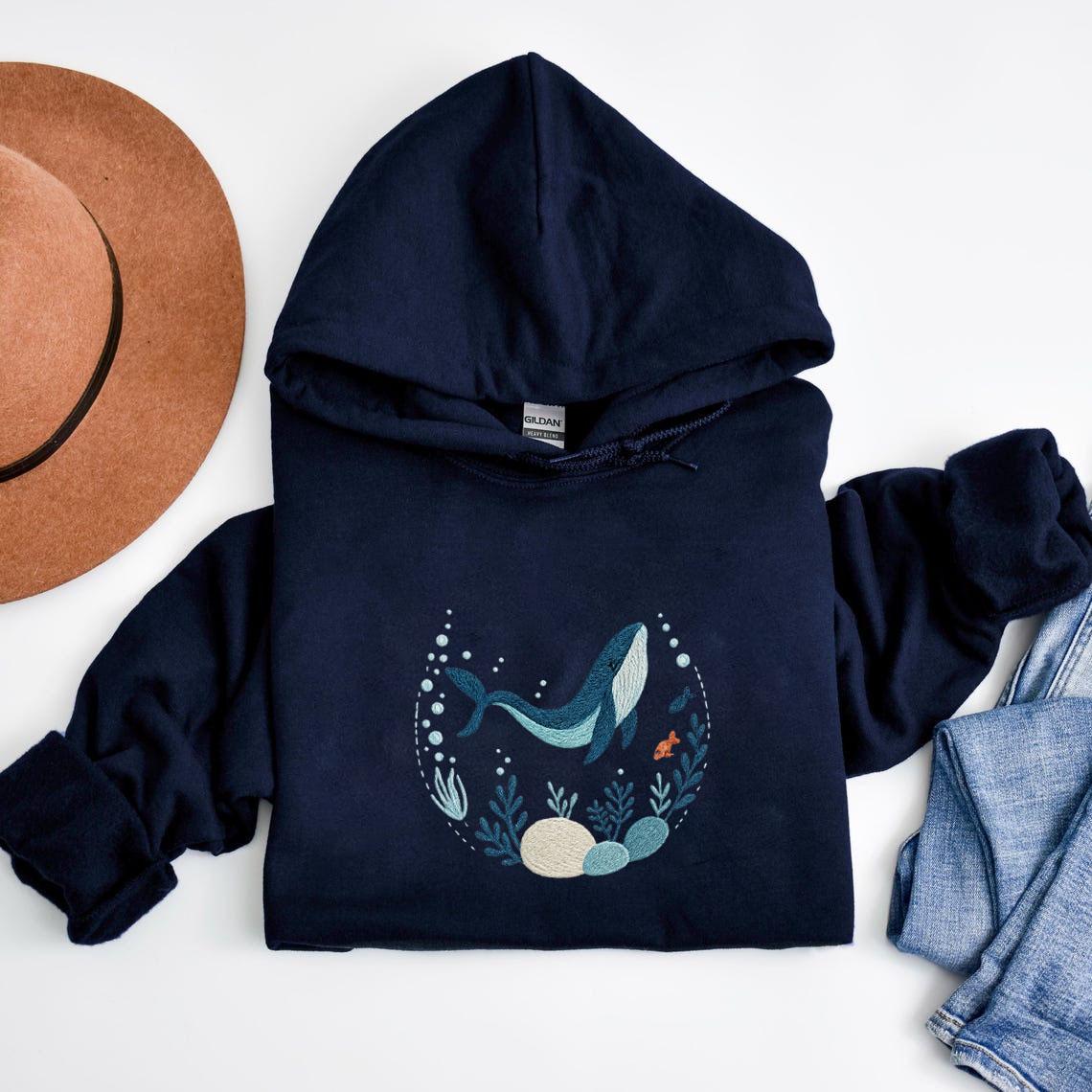 Blue Ocean Whale Embroidered Sweatshirt, Whale Embroidery Crewneck ...
