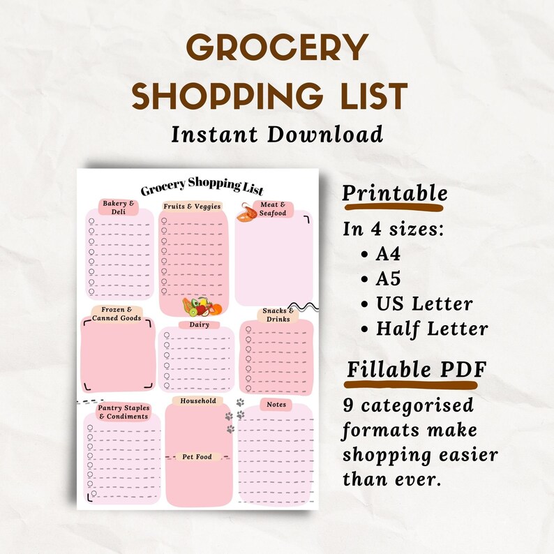 Printable Grocery List, Grocery Shopping List, Fillable PDF, Printable ...