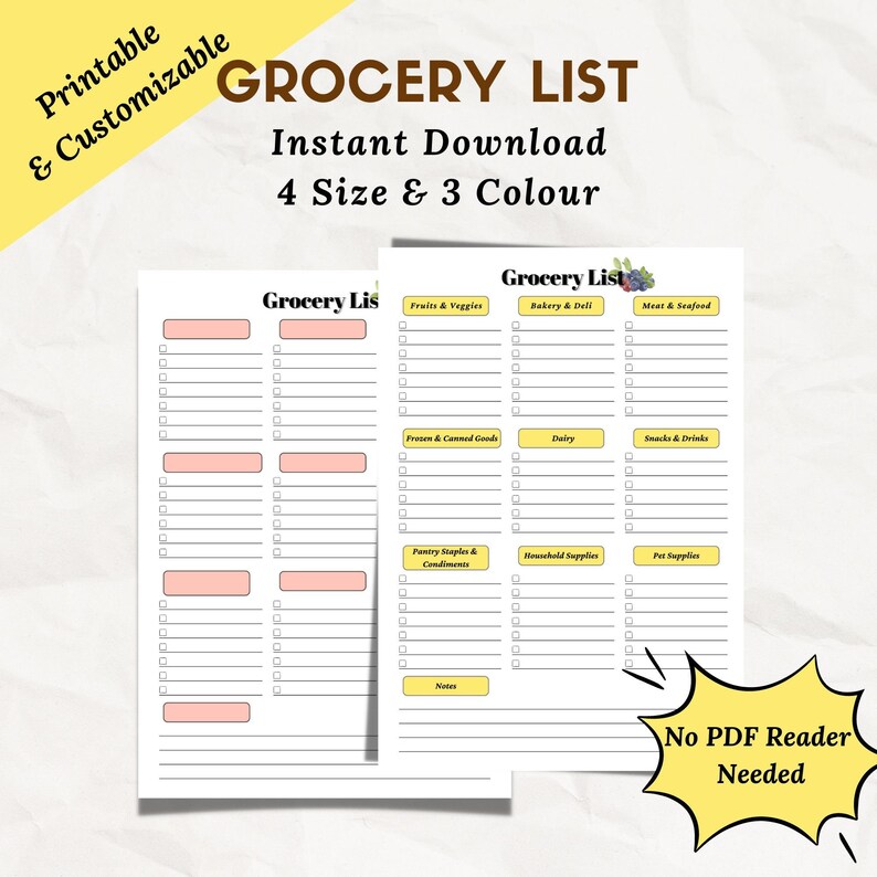 Grocery List, Categories Grocery List, Printable Templates, Fillable ...