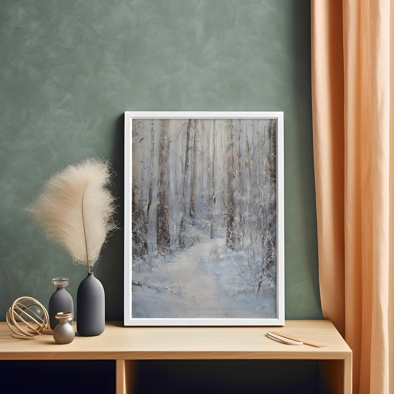 Icy Forest Stroll, Digital Art Print, Muted Colors Oil Painting ...