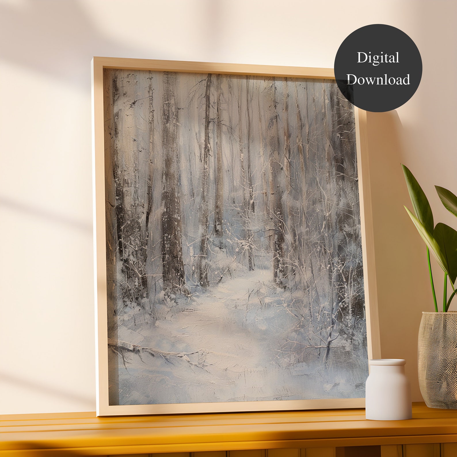 Icy Forest Stroll, Digital Art Print, Muted Colors Oil Painting ...