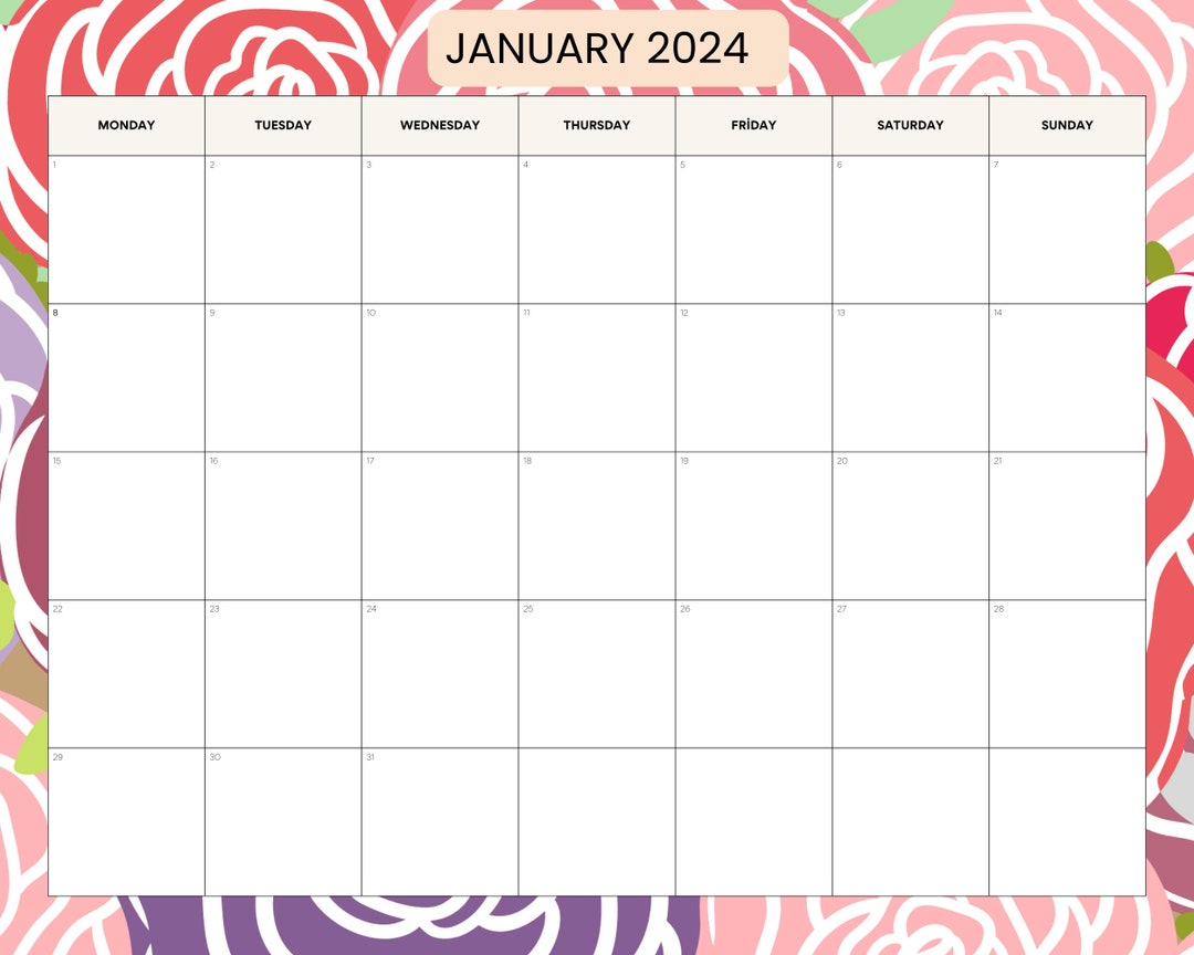 2024 Floral Monthly Calendar Printable, Sunday Monday Start, US Letter ...