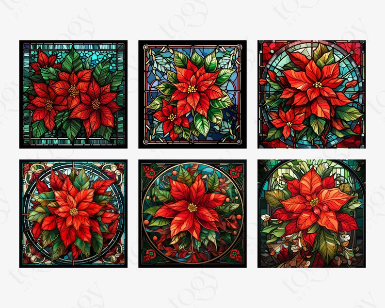 Printable Stained Glass Poinsettia Digital Paper, Christmas Holiday ...