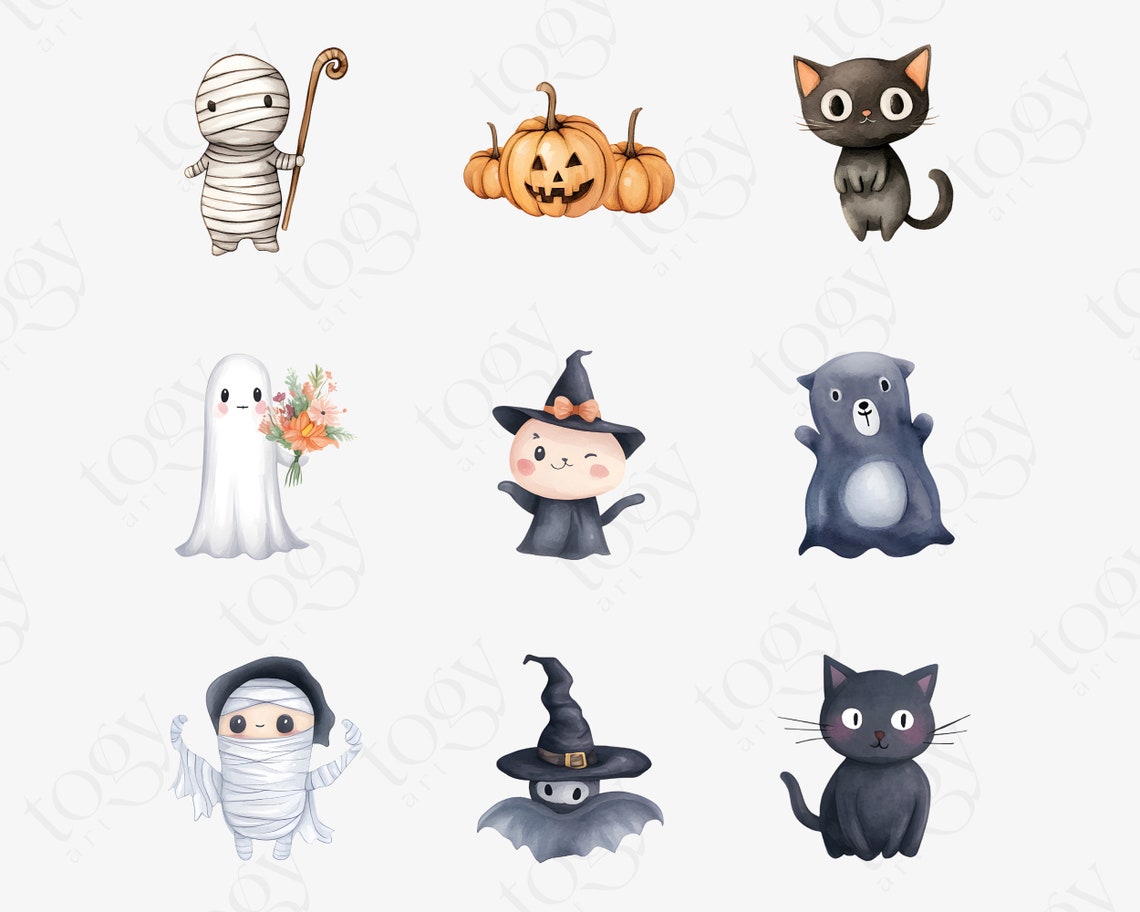 Watercolor Cute Halloween Clipart Bundle, Pastel Spooky Clip Art ...