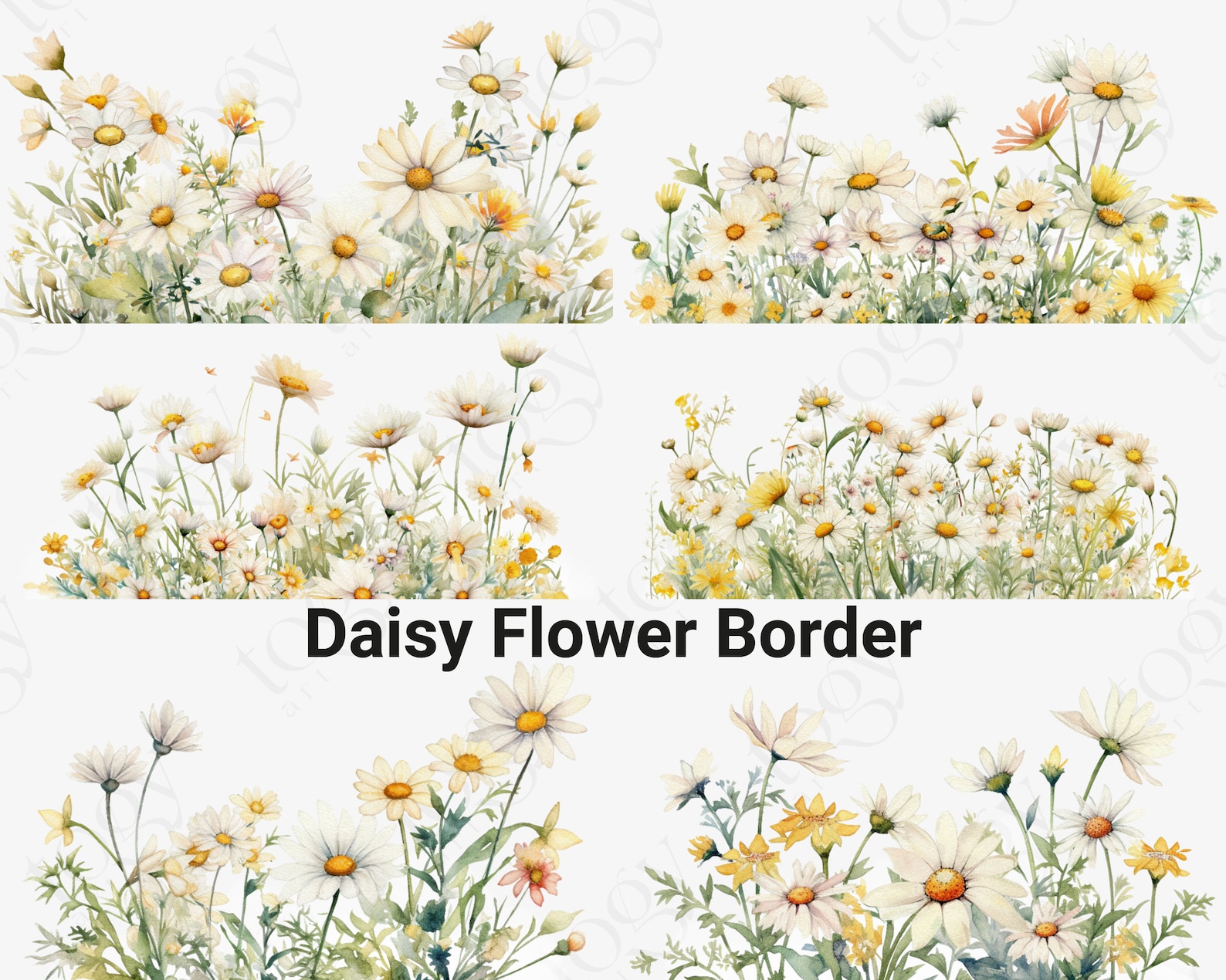 Watercolor Daisy Flower Border Clipart, Daisy Clipart, White Flowers ...