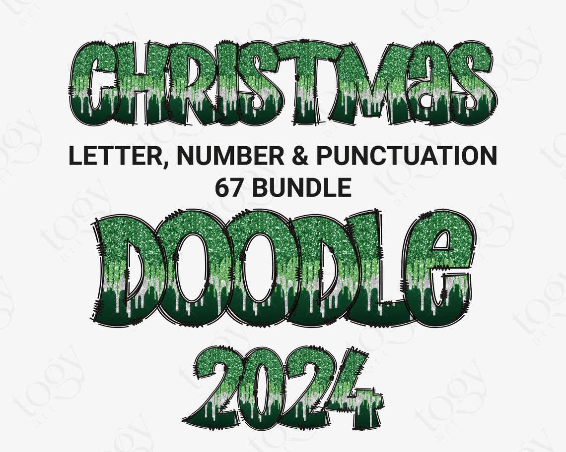 Christmas Alphabet Clipart, Green Glitter Doodle Letters PNG, Glitter ...