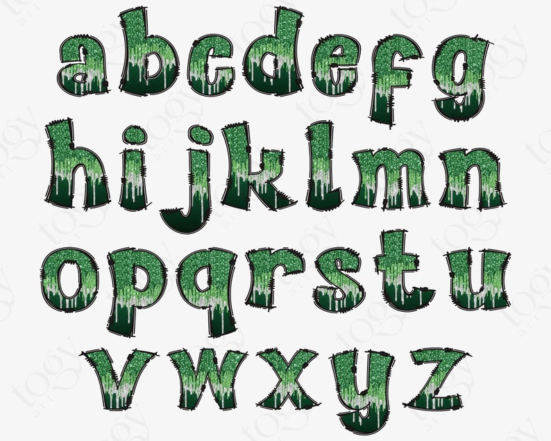 Christmas Alphabet Clipart, Green Glitter Doodle Letters PNG, Glitter ...