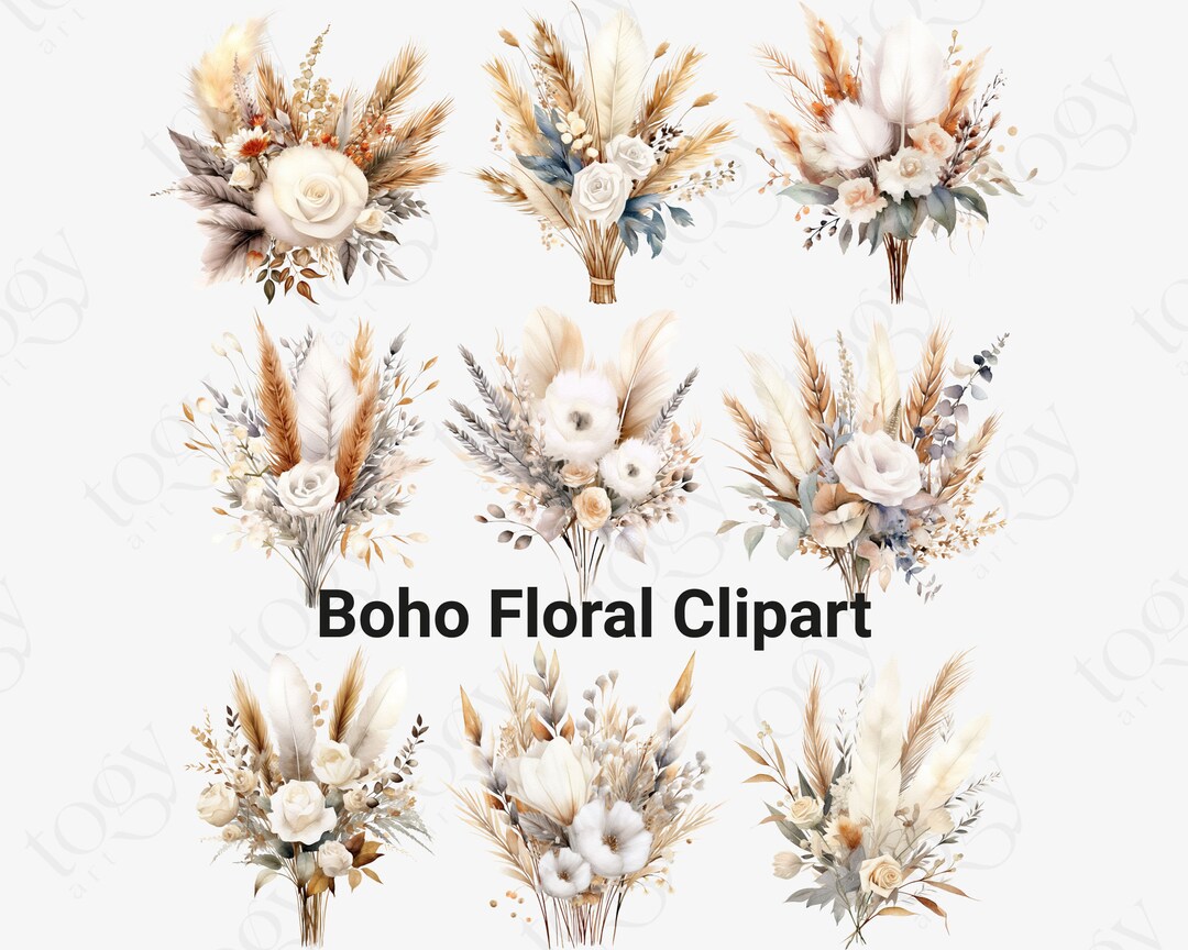 Watercolor Boho Neutral Floral Clipart, Boho Flowers Clip Art, Pampas ...