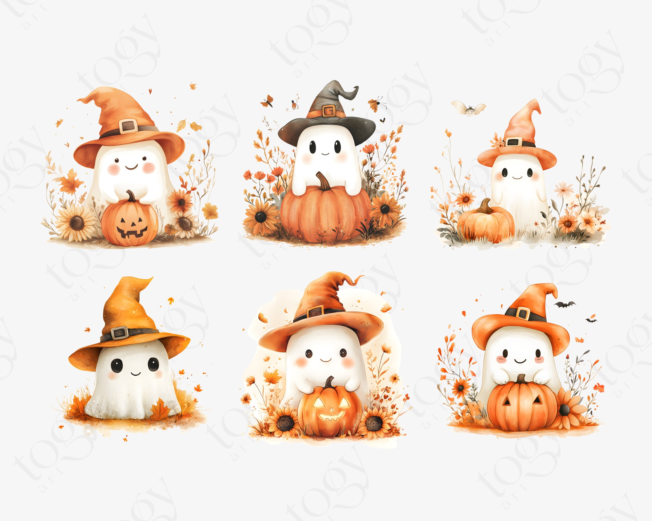Watercolor Cute Ghost Clipart Bundle, Halloween Fall PNG (digital ...