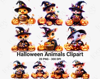 Watercolor Halloween Animals Clipart PNG Bundle, 20 PNG Halloween ...