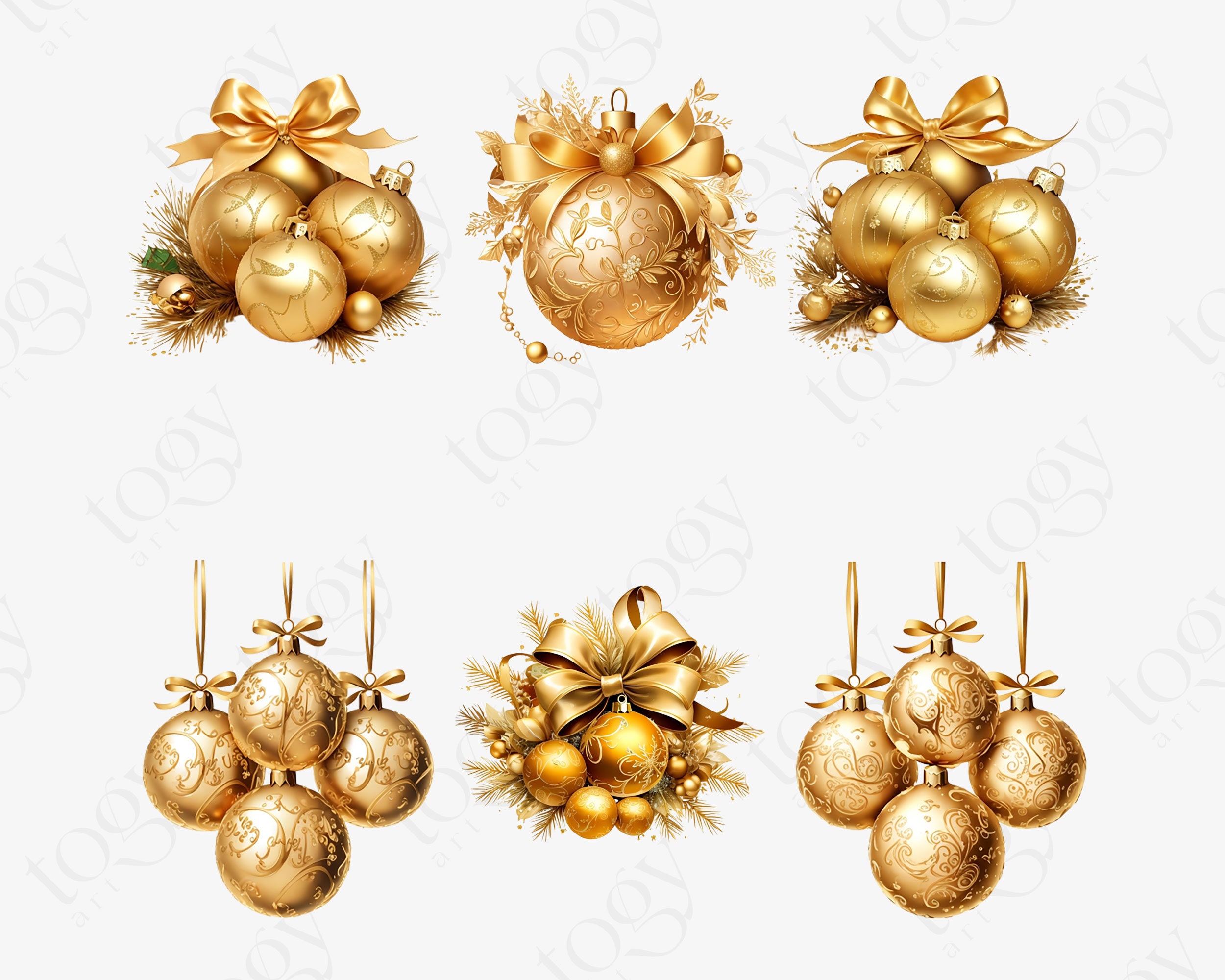 Gold Christmas Ornaments Clipart, Watercolor Christmas Baubles, Gold ...