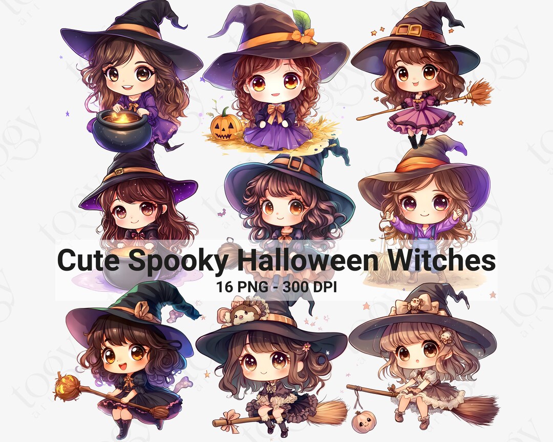 Cute Cartoon Halloween Witches Clipart Bundle, Spooky Festive Stickers ...