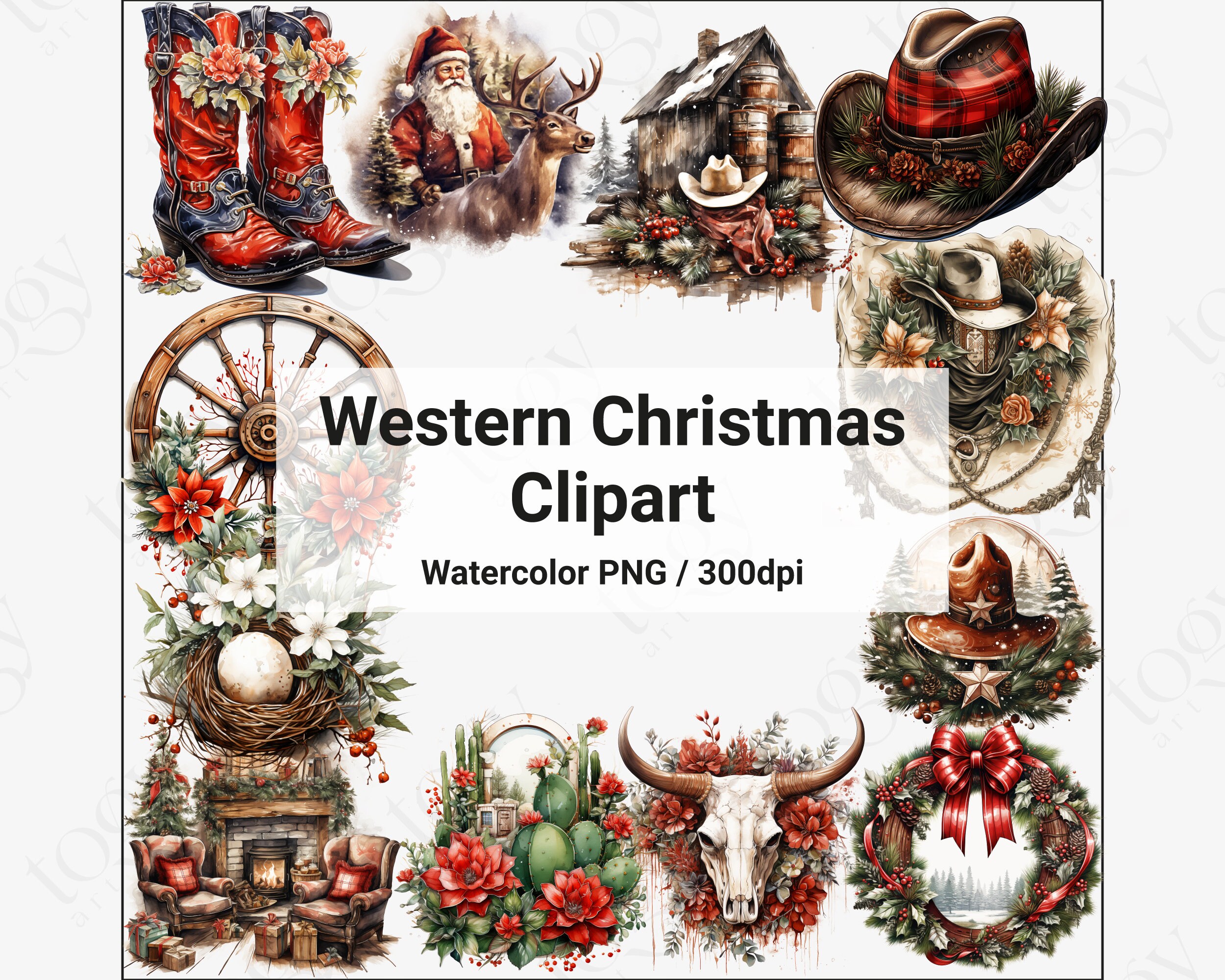 Watercolor Western Christmas Clipart Bundle, Cowboy PNG for Commercial ...