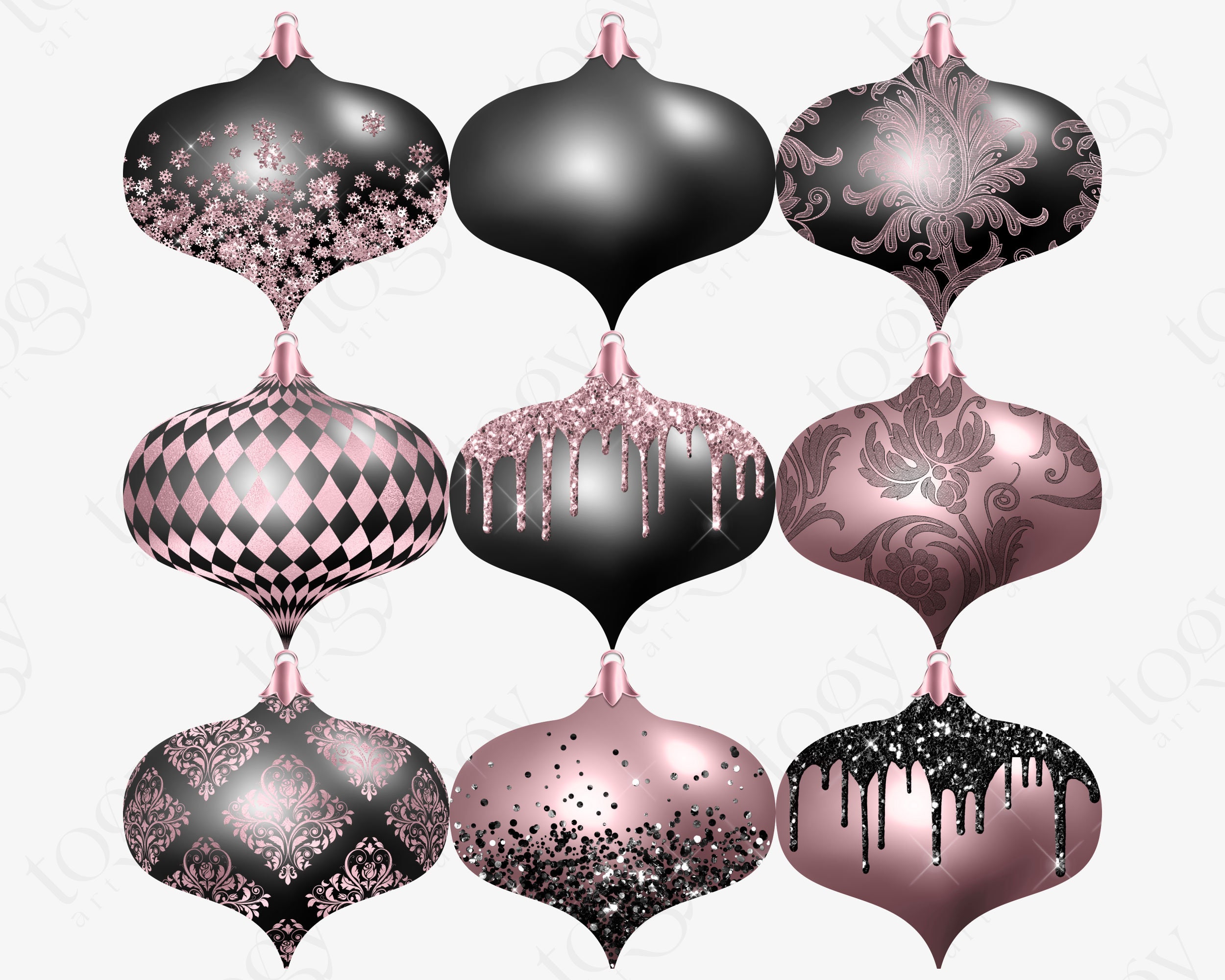 Black and Blush Pink Christmas Ornaments Clipart, Digital Glitter ...