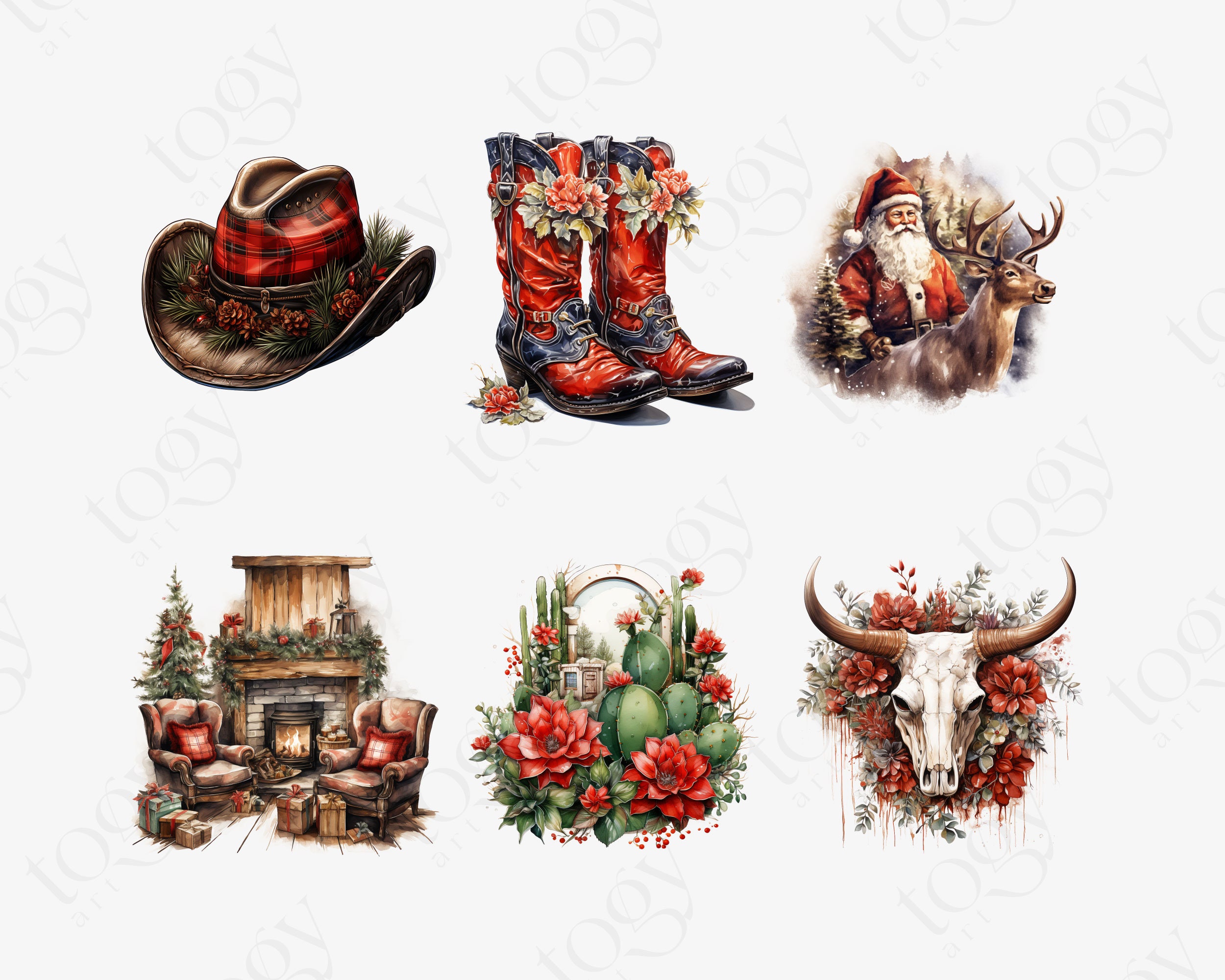 Watercolor Western Christmas Clipart Bundle, Cowboy PNG for Commercial ...
