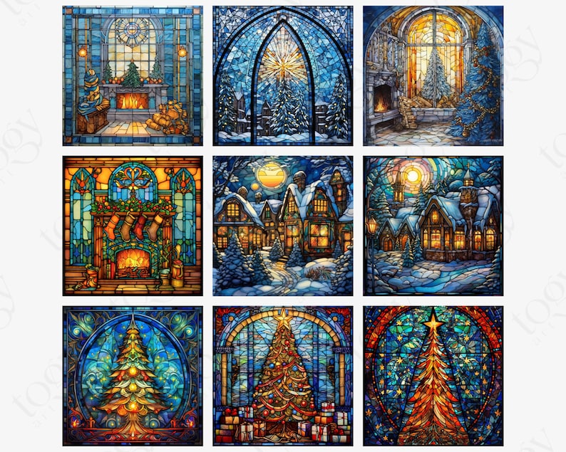 Printable Stained Glass Christmas Digital Paper, Christmas Holiday ...