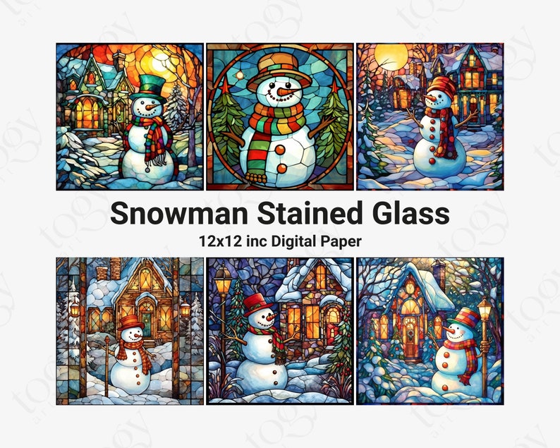 Printable Stained Glass Christmas Snowman Digital Paper, Christmas ...