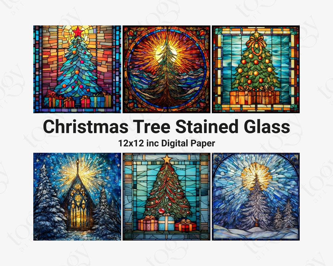 Printable Stained Glass Christmas Tree Digital Paper, Christmas Tree ...