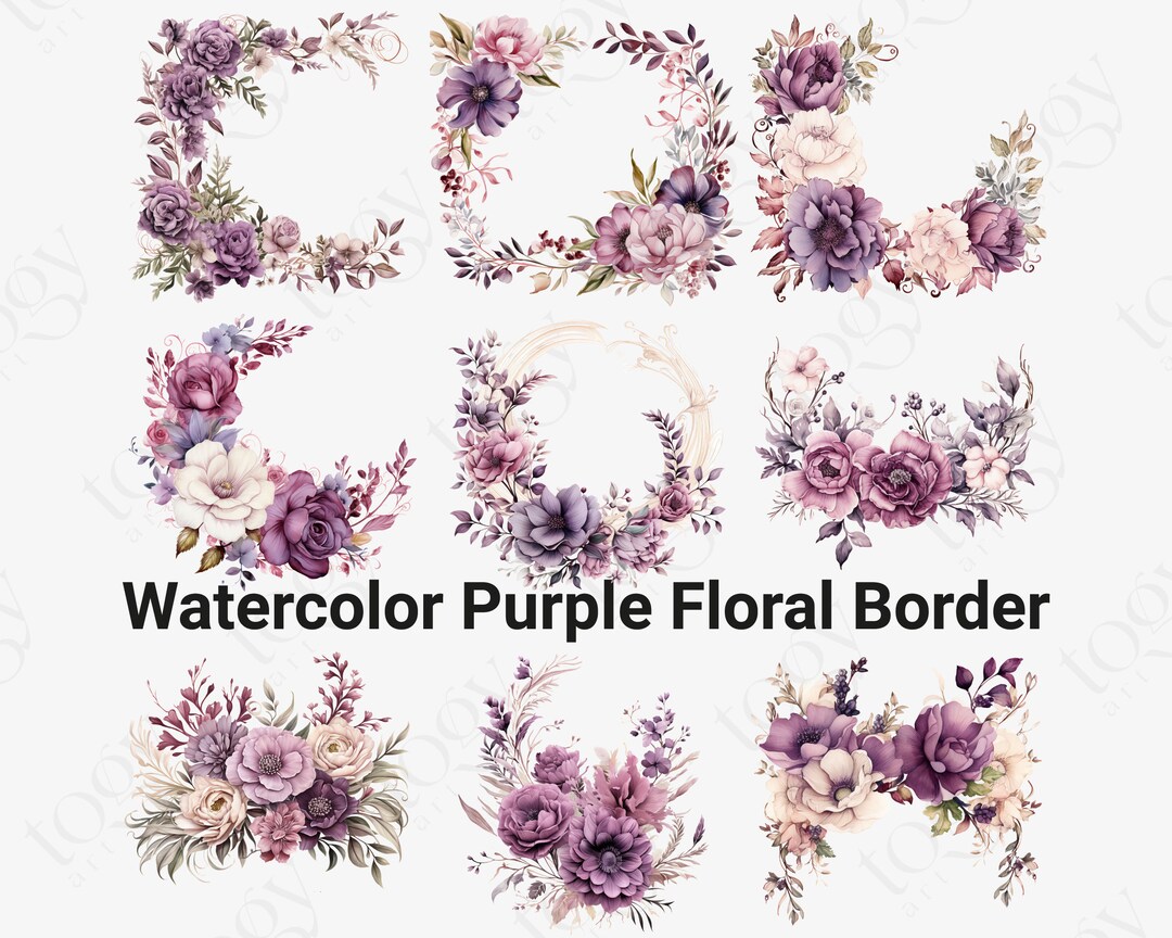 Watercolor Purple Floral Frame Clipart Bundle, Watercolor Floral Border ...