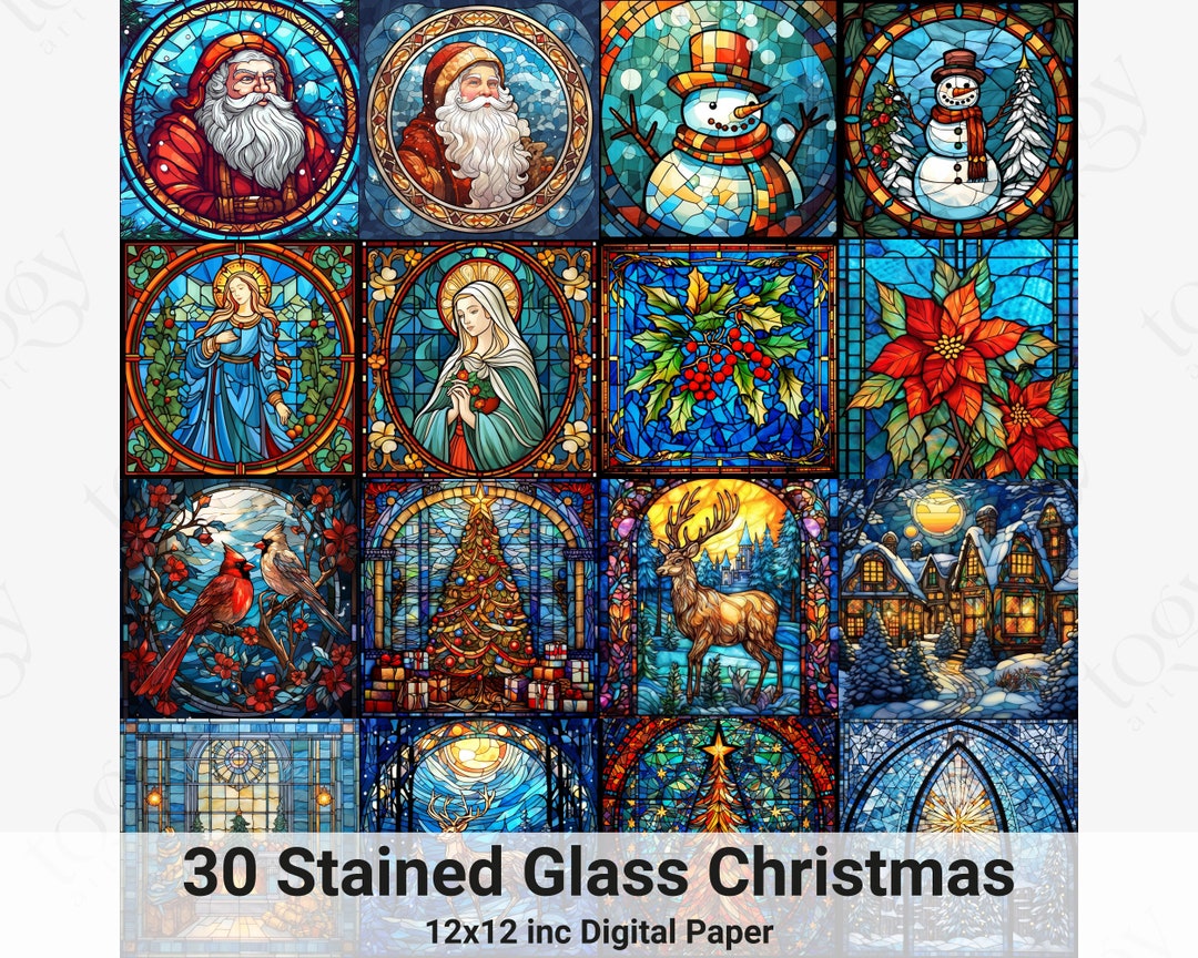 Printable Stained Glass Christmas Digital Paper, Christmas Holiday ...