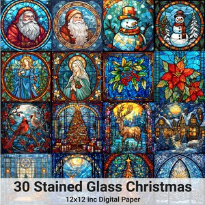 Printable Stained Glass Christmas Digital Paper, Christmas Holiday ...