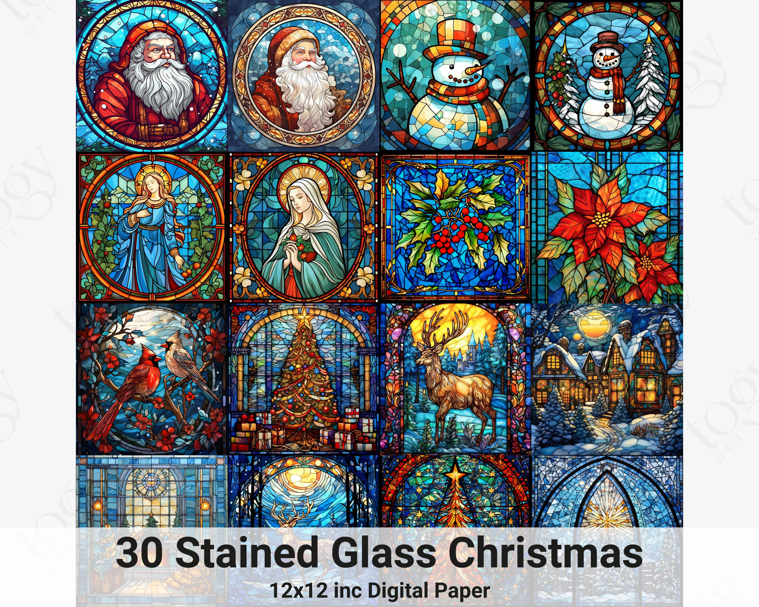 Printable Stained Glass Christmas Digital Paper, Christmas Holiday ...