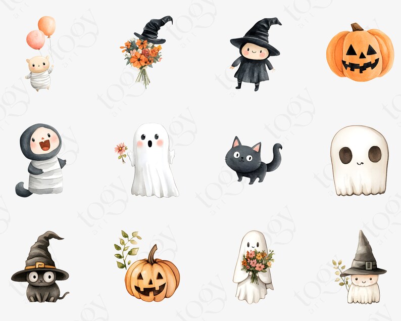 Watercolor Cute Halloween Clipart Bundle, Pastel Spooky Clip Art ...