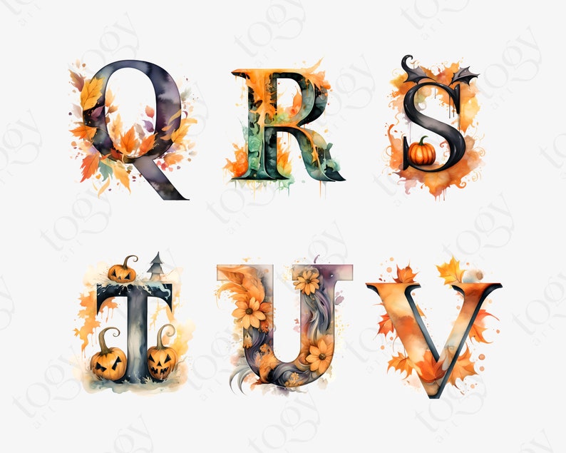 26 PNG Watercolor Halloween Alphabet Clipart, Gothic Letters ...