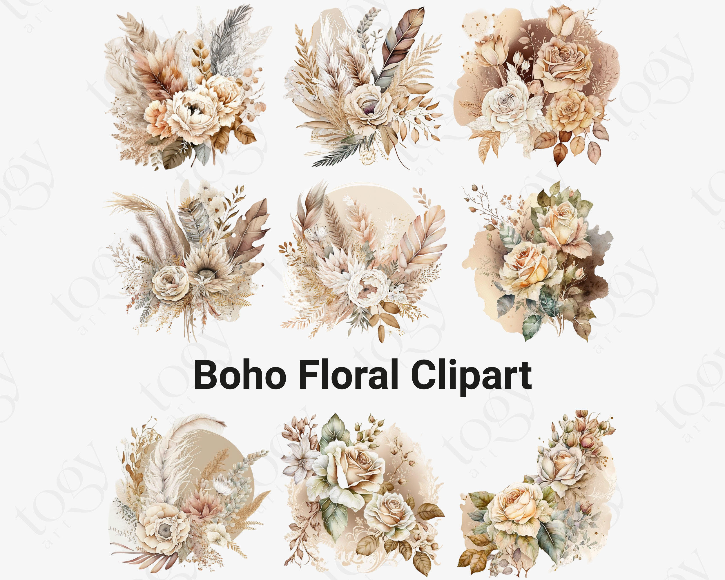 19 PNG Watercolor Elegant Boho Floral Clipart, Boho Flowers Clip Art ...