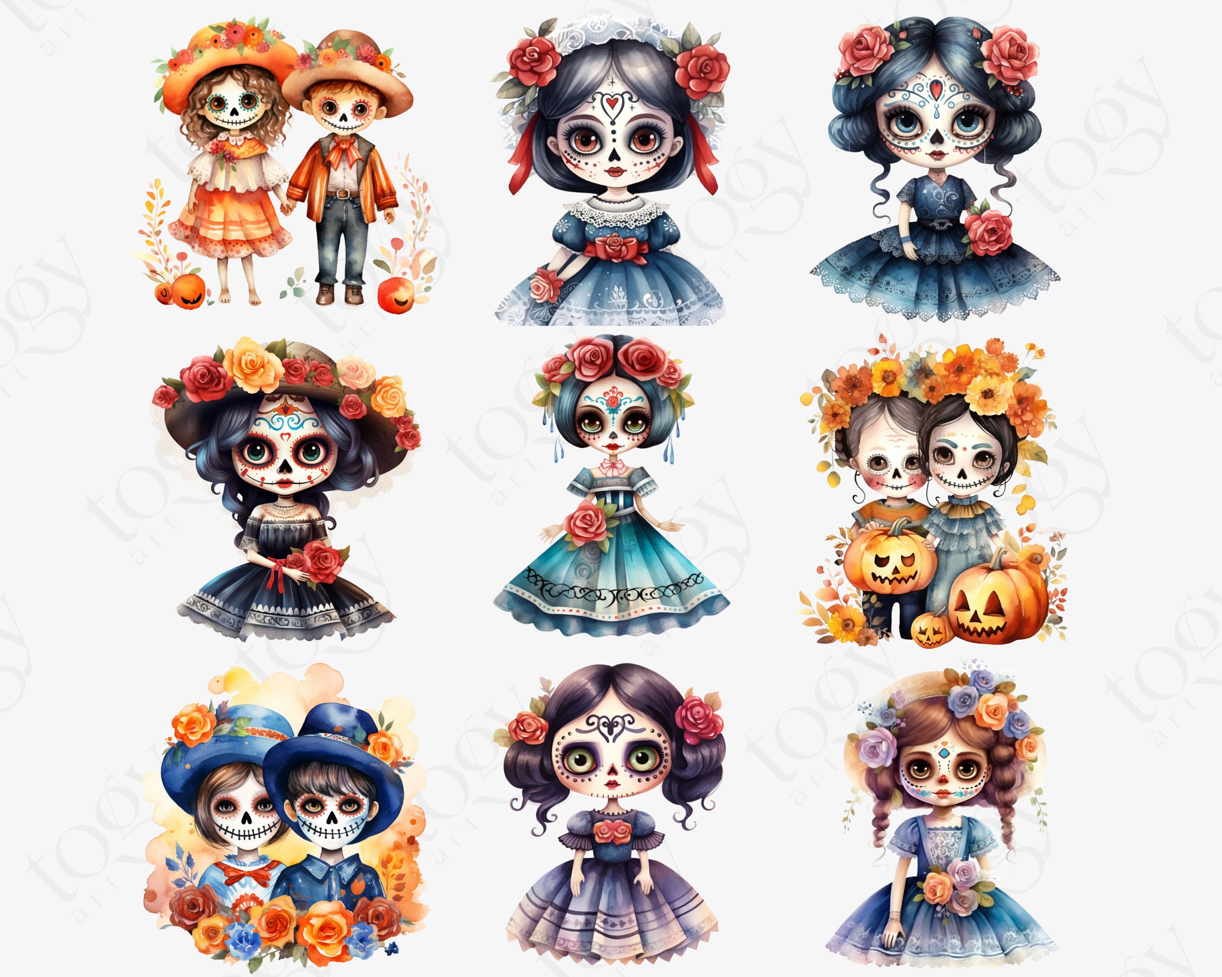 40 PNG Watercolor Cute Day of the Dead Clipart, Día De Los Muertos ...