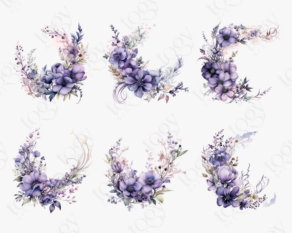 Watercolor Purple Floral Wreath Clipart, Floral Wreath Digital Image ...