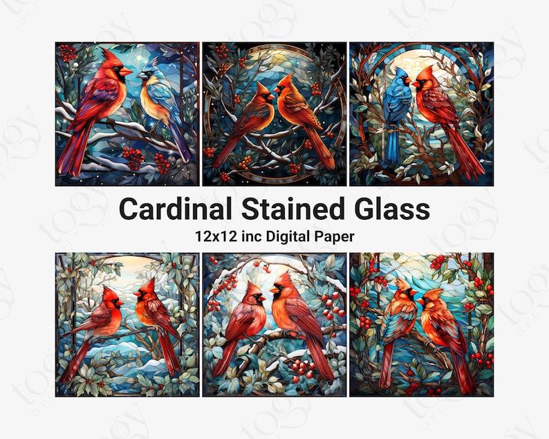 Printable Stained Glass Cardinal Digital Paper, Christmas Holiday ...