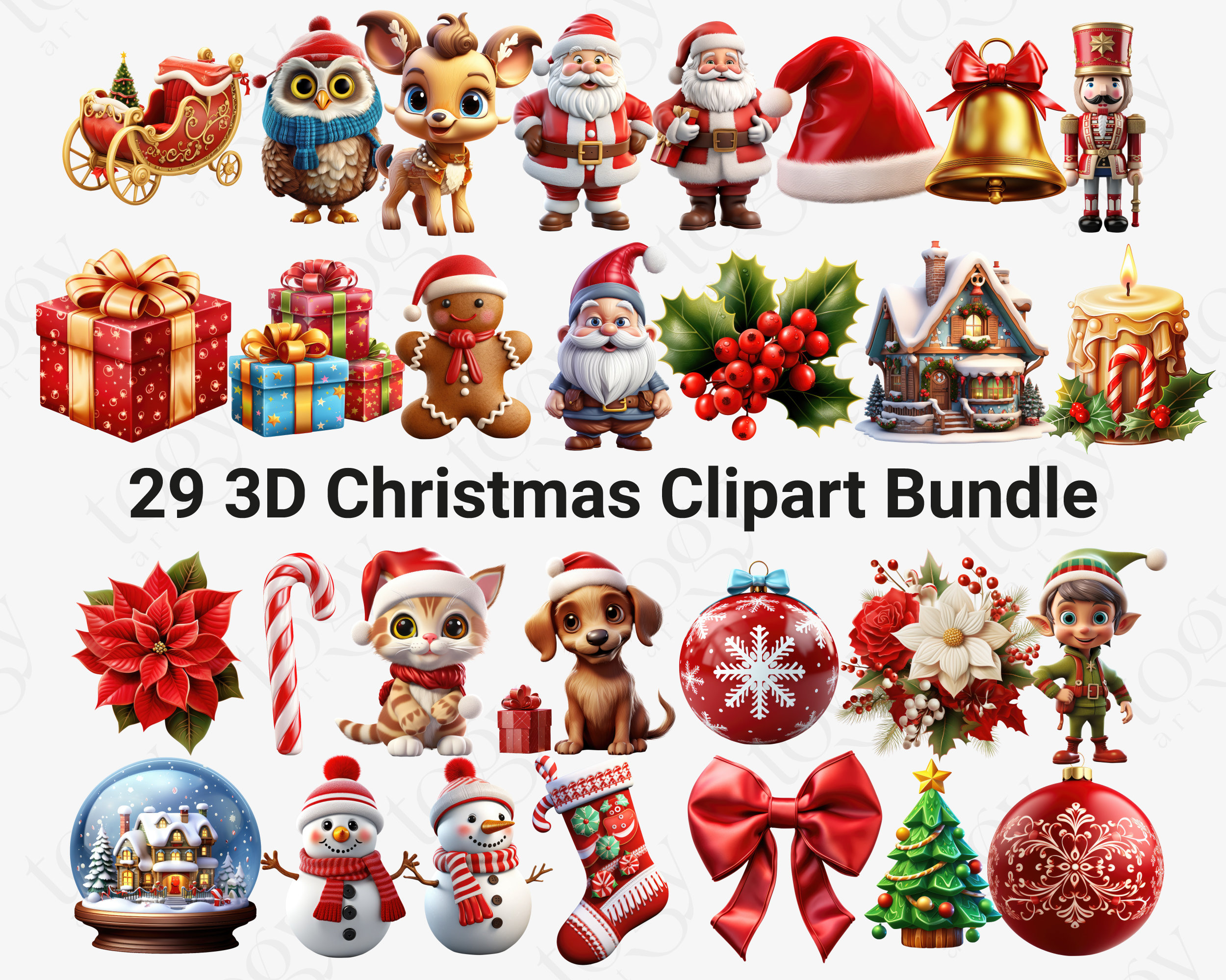 Cute Christmas Clipart 3D Bundle 29 Detailed Art Designs Santa, Snowman ...