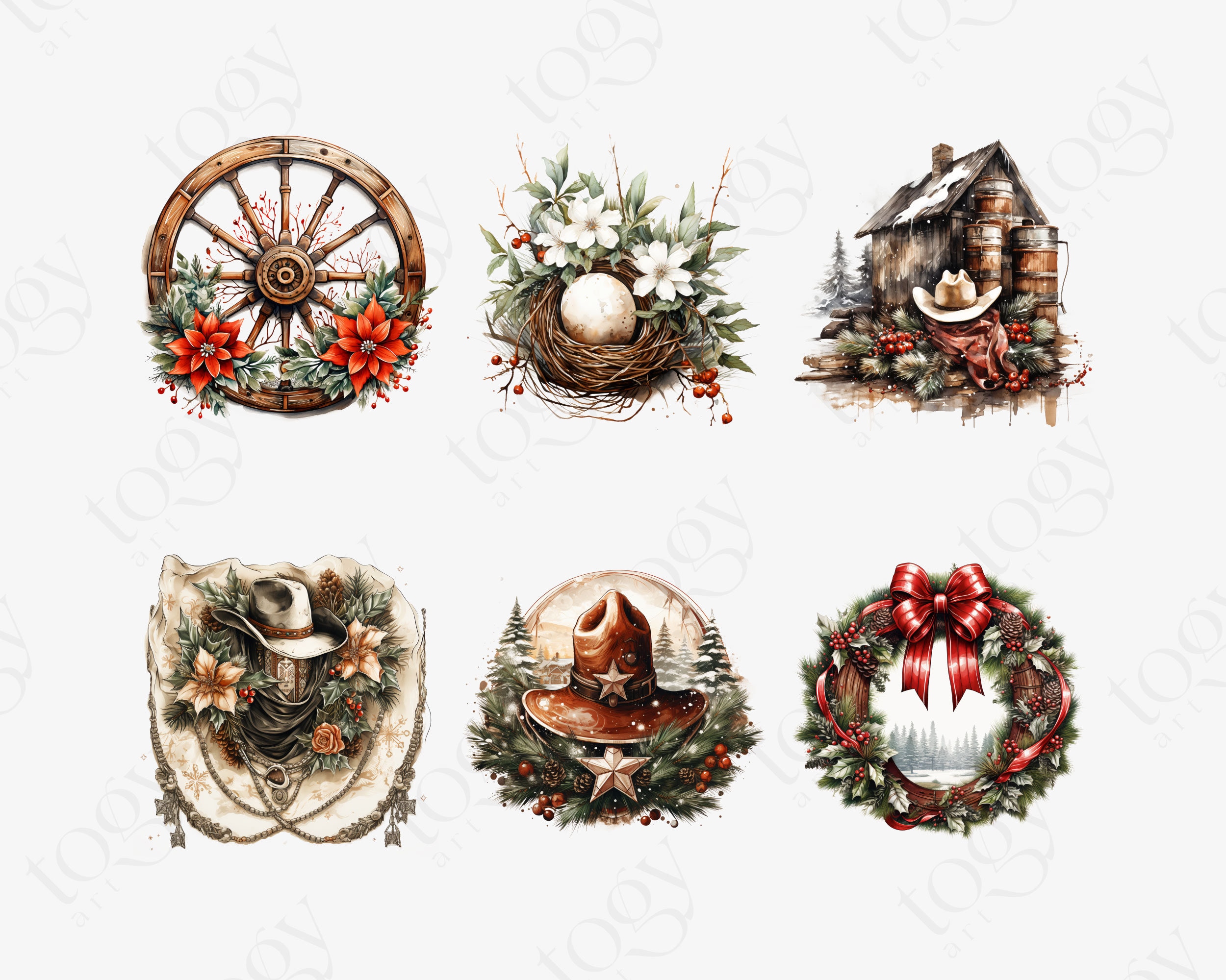 Watercolor Western Christmas Clipart Bundle, Cowboy PNG for Commercial ...
