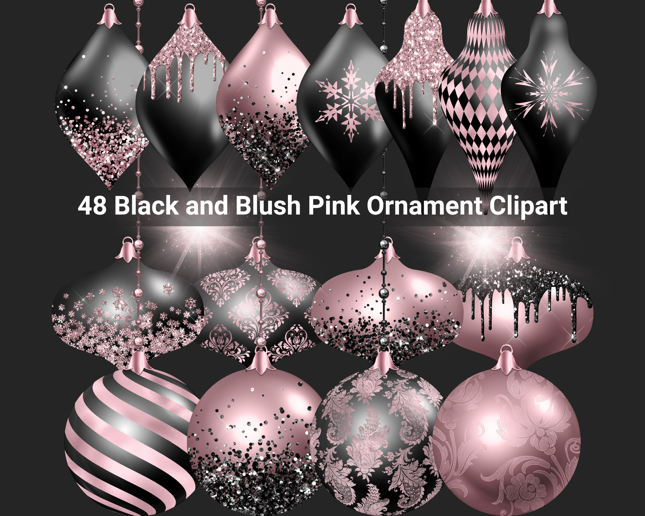 Black and Blush Pink Christmas Ornaments Clipart, Digital Glitter ...