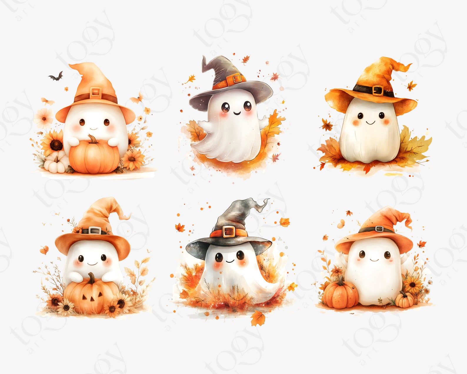 Watercolor Cute Ghost Clipart Bundle, Halloween Fall PNG (digital ...