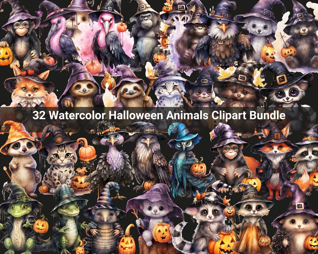 32 PNG Watercolor Halloween Animals Clipart, Cute Halloween Creatures ...