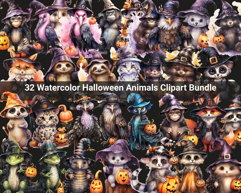 32 PNG Watercolor Halloween Animals Clipart, Cute Halloween Creatures ...