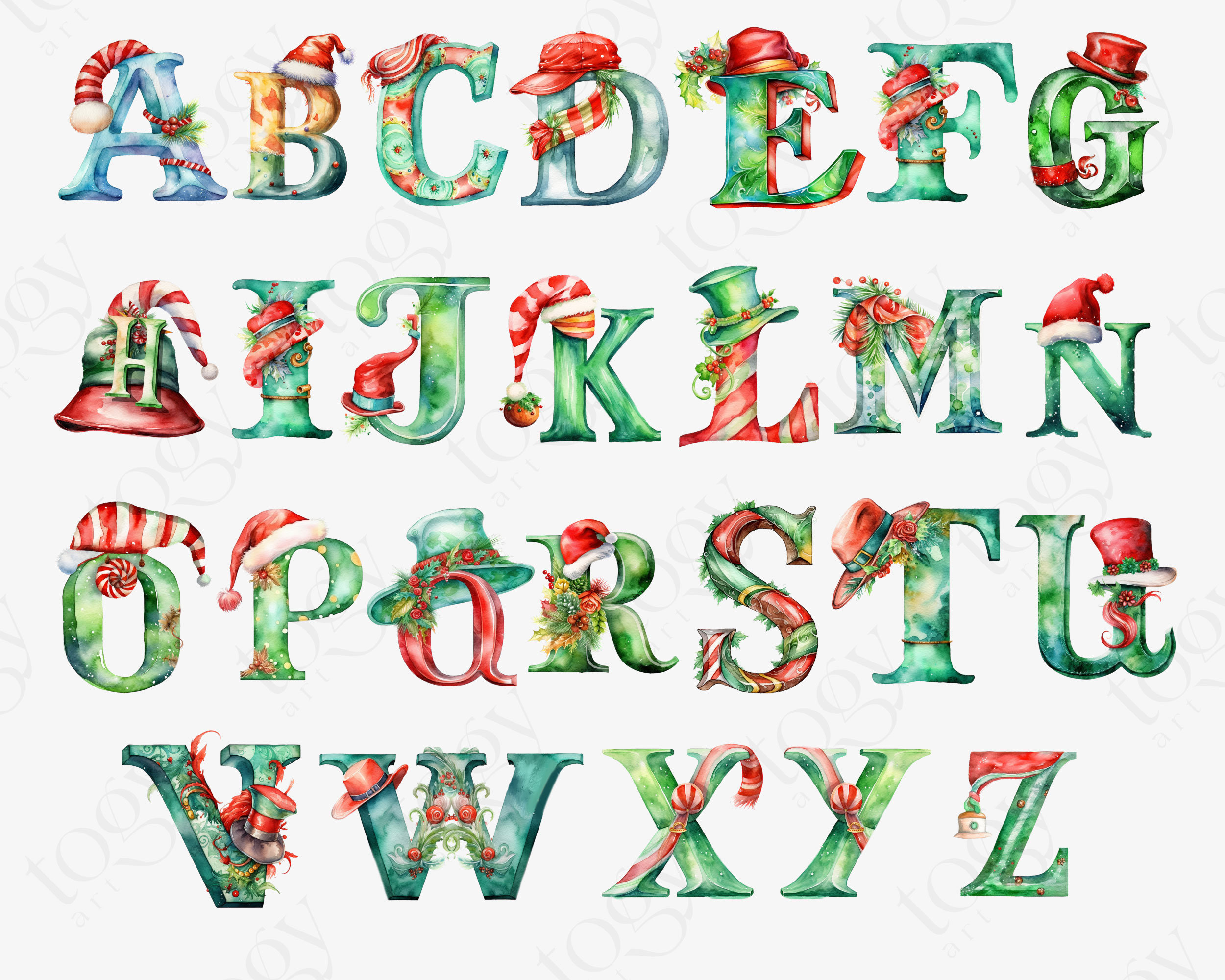 26 PNG Watercolour Green Christmas Alphabet Clipart, Christmas Letters ...